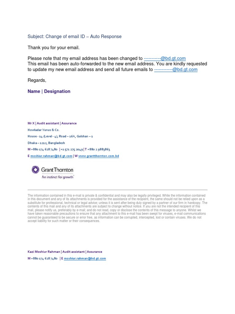 Subject: Change of Email ID - Auto Response: Name - Designation | PDF ...
