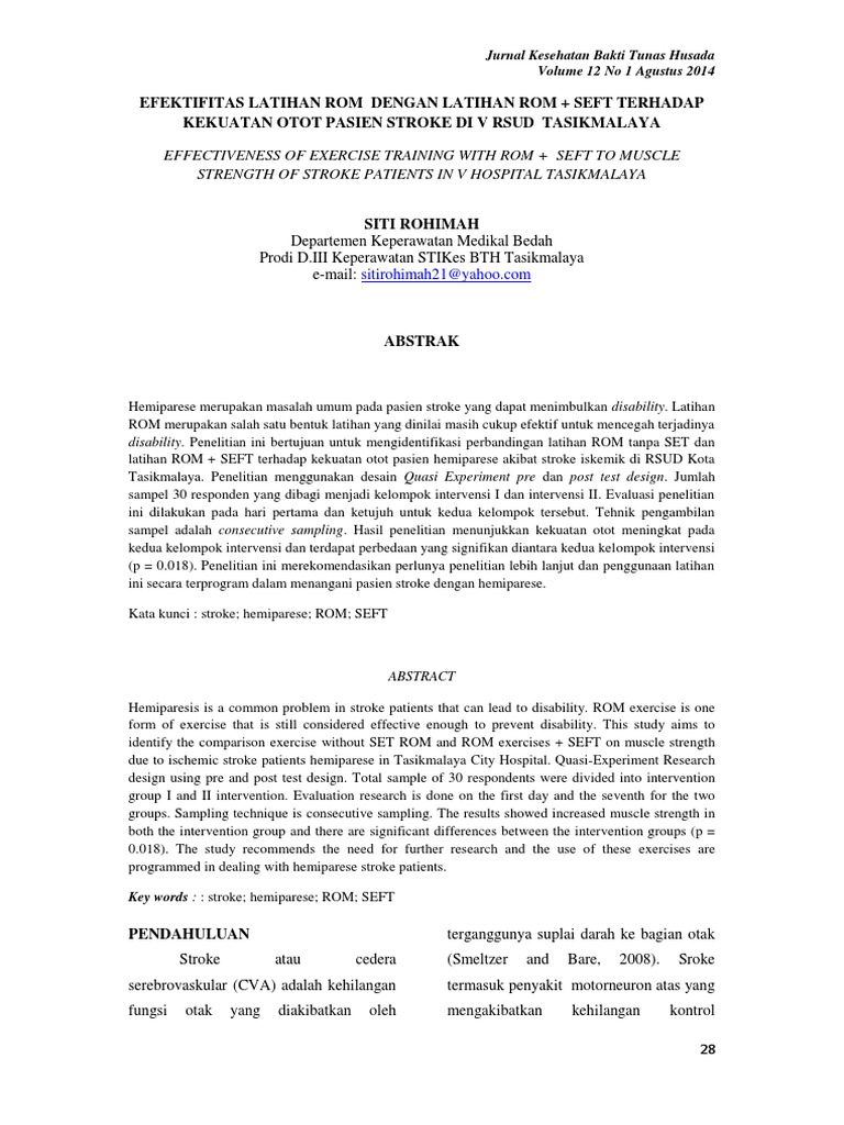 Efektifitas Latihan Rom Dengan Latihan Rom + Seft Terhadap Kekuatan Otot Pasien Stroke Di V Rsud ...