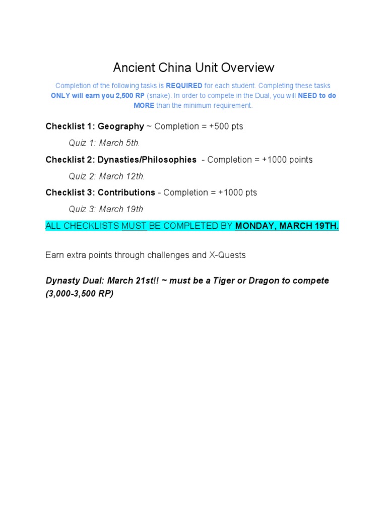 Ancient China Study Tasks & Quizzes | PDF