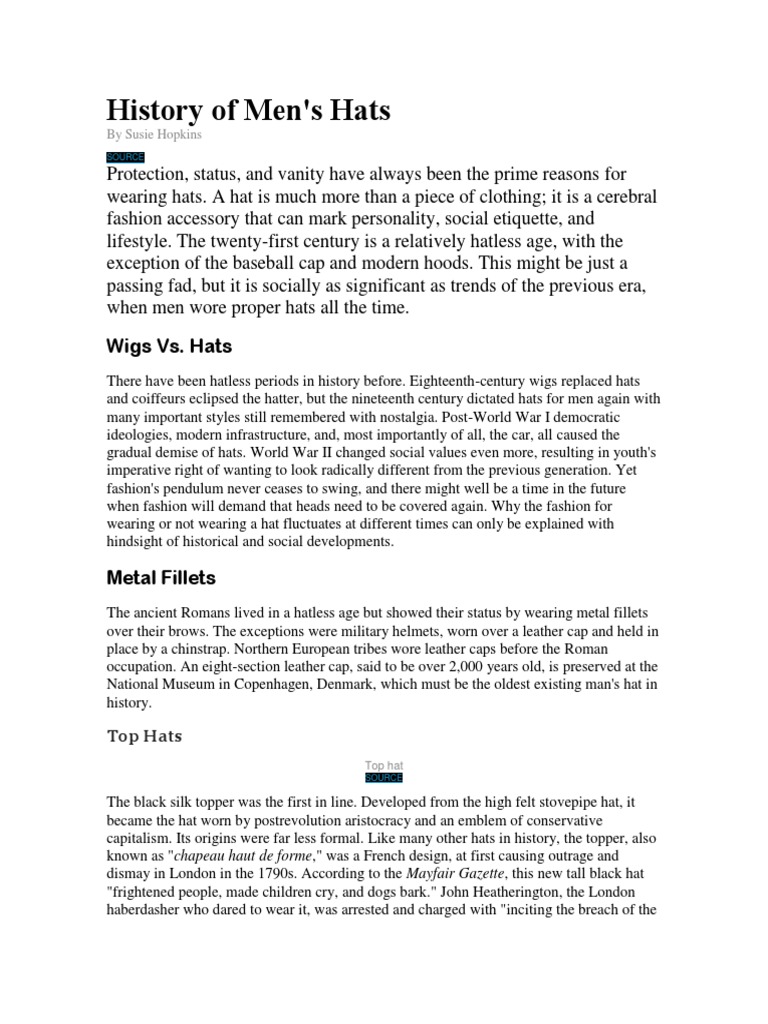 History of Men's Hats | PDF | Hat | Headgear
