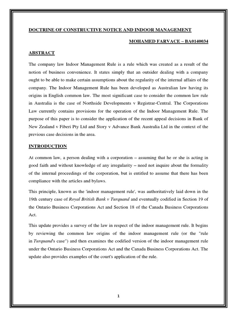 Doctrine of Constructive Notice and Indoor Management | Download Free PDF | Corporations ...