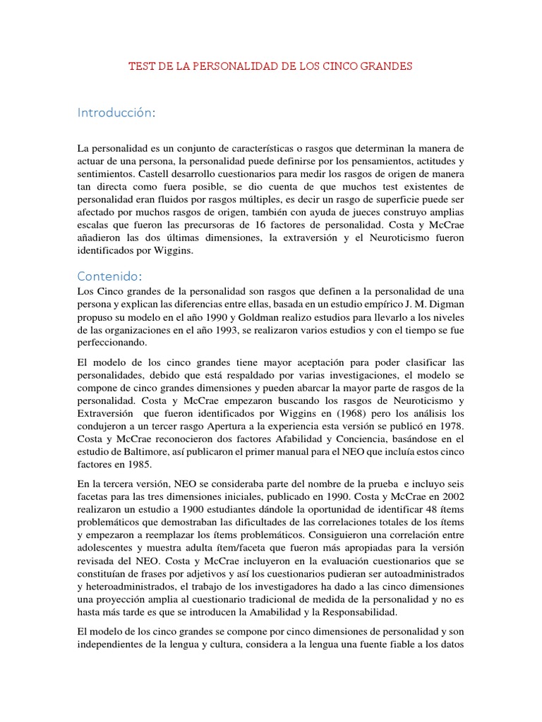 Test de La Personalidad de Los Cinco Grandes | PDF | Metafísica de la ...