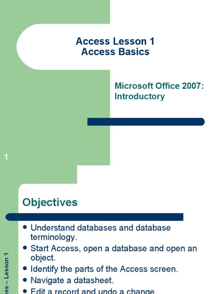 Access 2007 Basics: Lesson 1 Guide | PDF | Databases | Microsoft Office