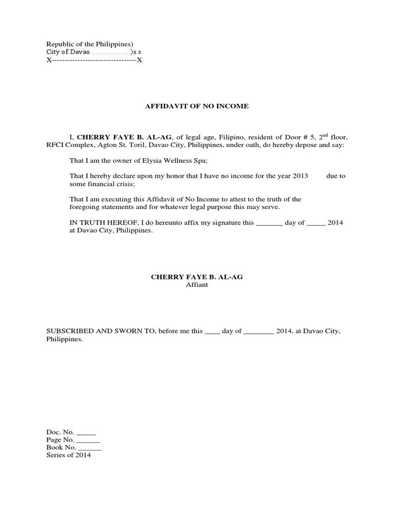 Affidavit of No Income by Cherry Al-Ag | PDF | Law