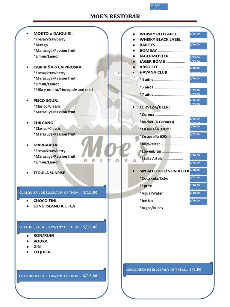 Moe'S Restobar: Mojito O Daiquiri | PDF | Drink | Alcoholic Drinks