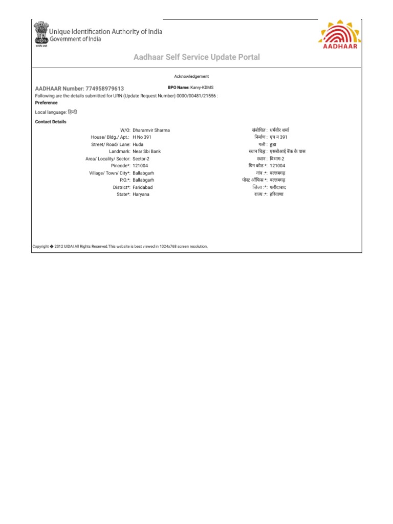 Aadhaar Self Service Update Portal | PDF