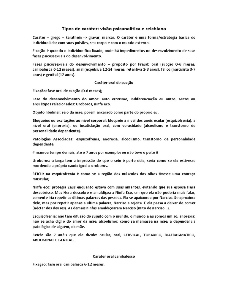 Tipos de Carter FREUD e REICH | PDF | Distúrbio mental | Amor