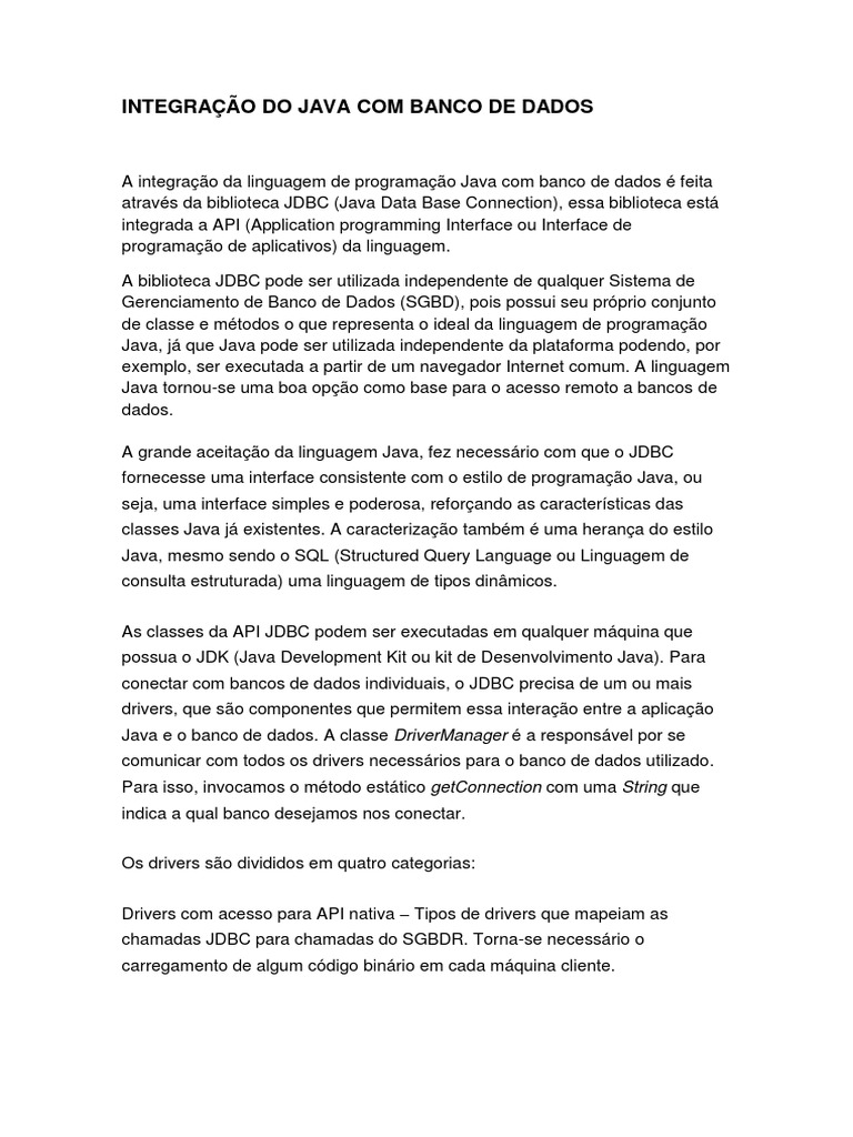 Integração Java e Banco de Dados | PDF | Java (linguagem de programação ...