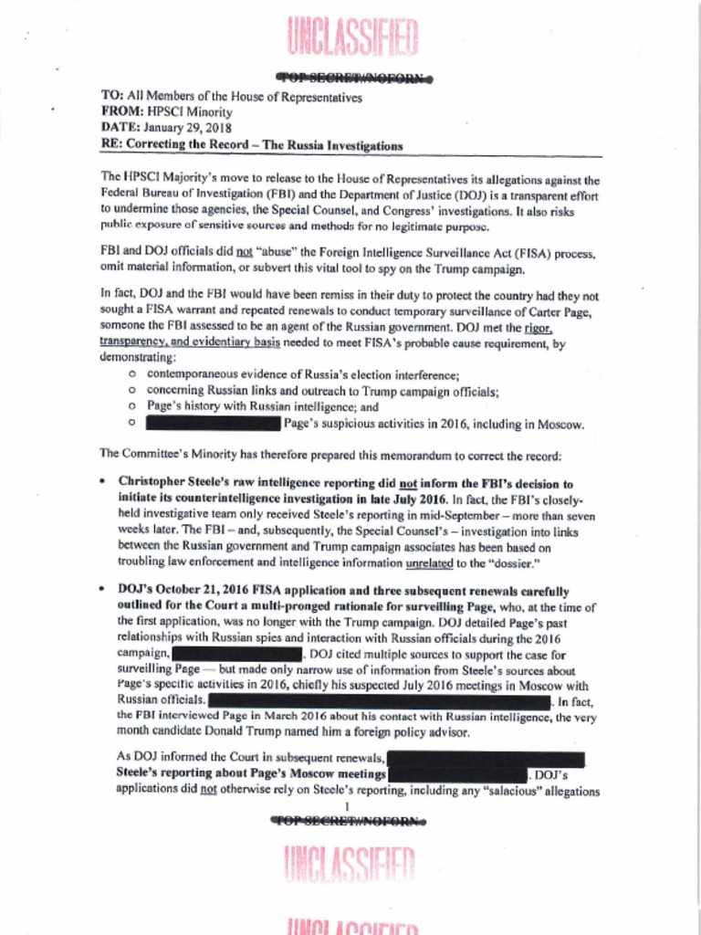 Schiff Memo - House Intelligence Committee Minority Memo On DOJ/FBI ...