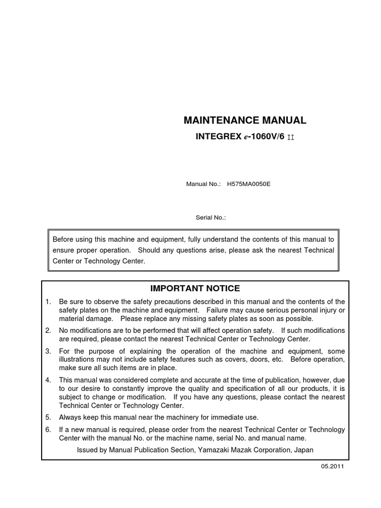 Maintenance Manual: INTEGREX E-1060v/6 II | PDF | Switch | Numerical Control