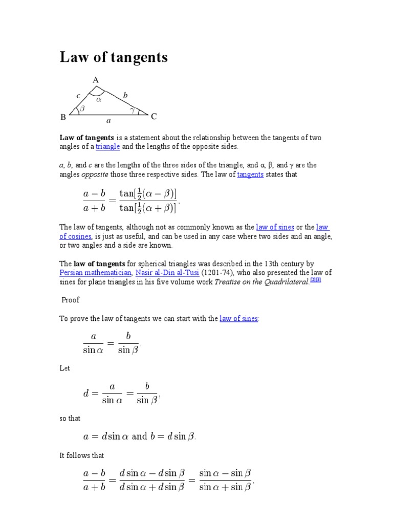 Law of tangents relationship between tangents and triangle sides | PDF ...