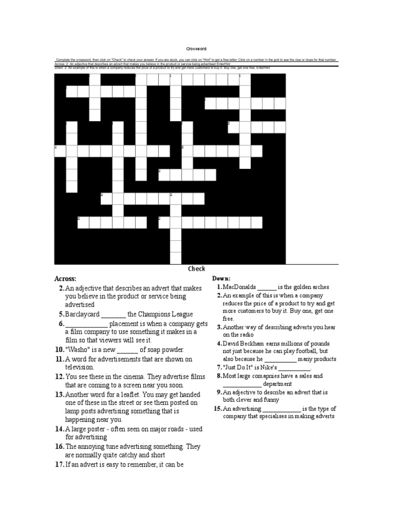 Advertising Crossword | PDF | Crossword | Promotion And Marketing ...