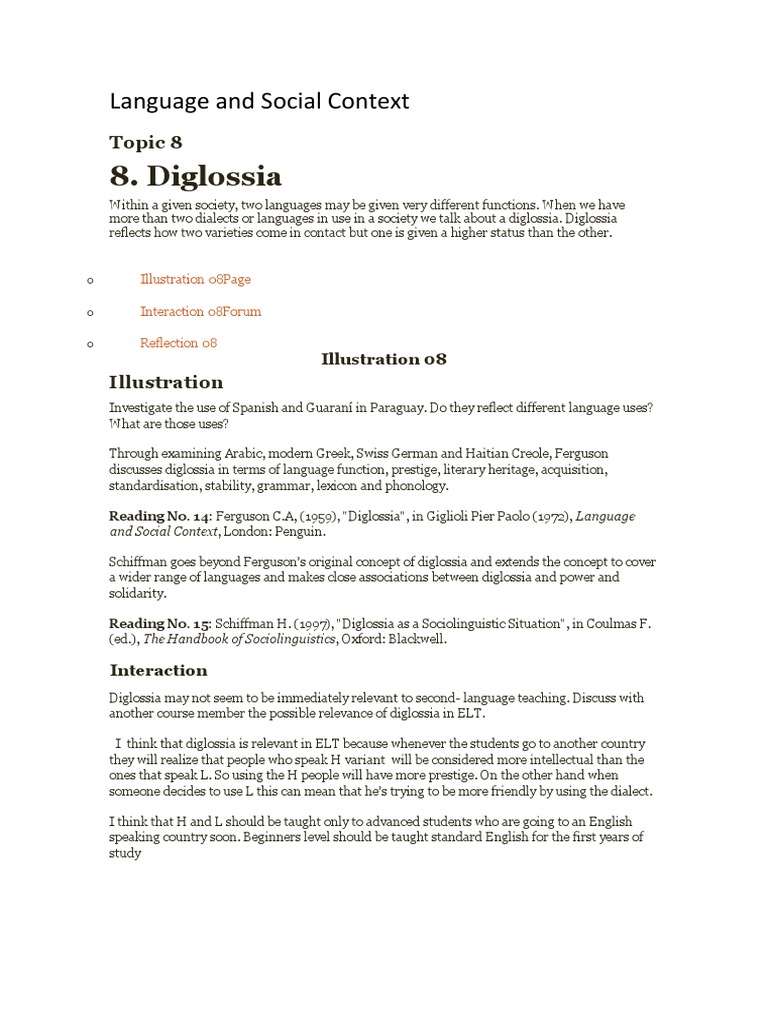 Reflection Diglossia Ferguson 1959 | PDF | Sociolinguistics | Dialectology