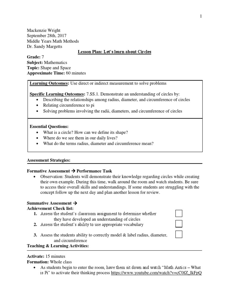 Circles Lesson Plan - Mackenzie | PDF | Educational Assessment | Teaching