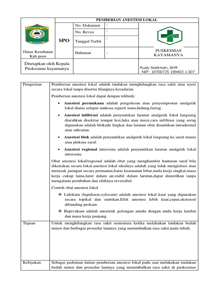 SOP Pemberian Anastesi Lokal Dan Sedasi Di Puskesmas | PDF