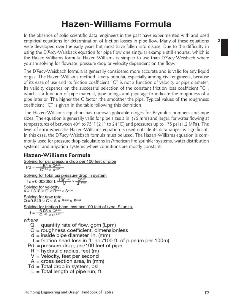 Hazen-Williams Formula .pdf | Fluid Dynamics | Pipe (Fluid Conveyance)