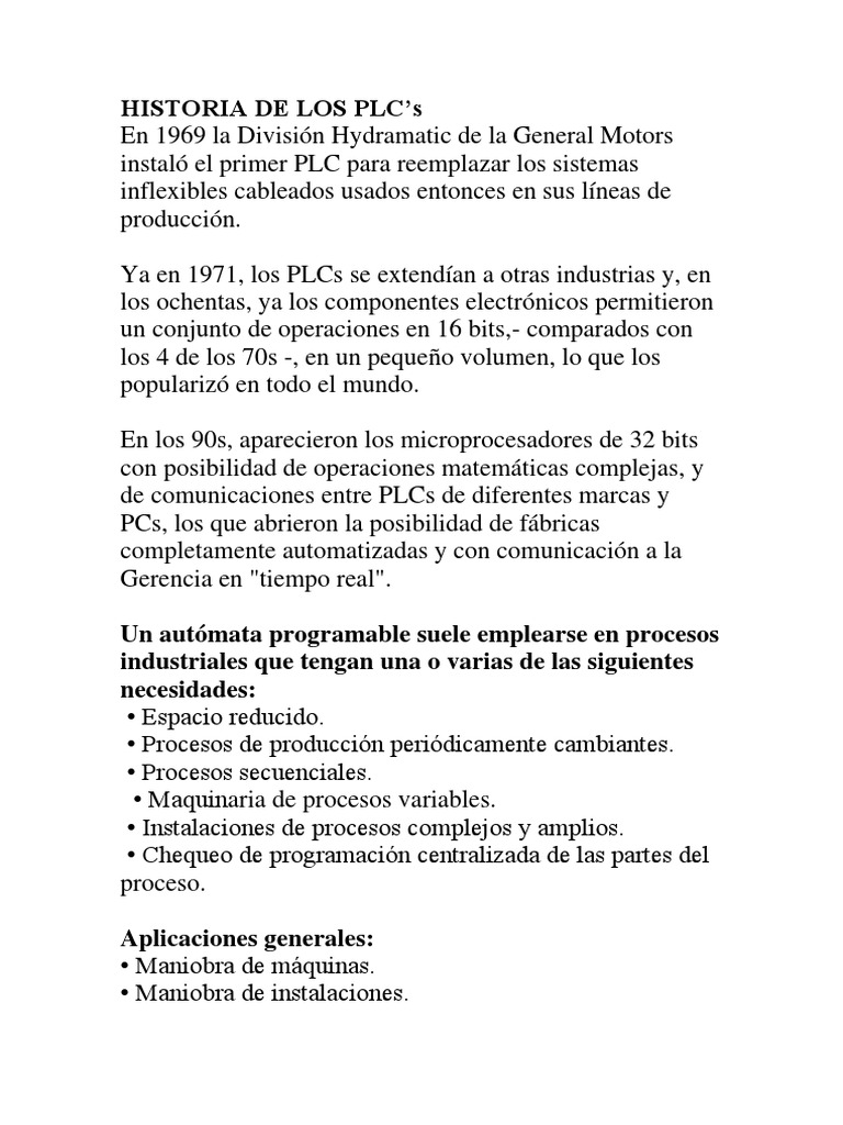 Historia de Los PLC | PDF | Controlador lógico programable | Programa ...