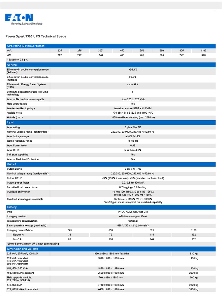 Power Xpert 9395 UPS Technical Specs | PDF | Power Inverter | Battery ...