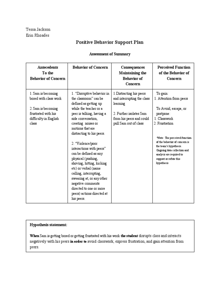 Positive Behavior Plan for Sam | PDF | Individualized Education Program ...