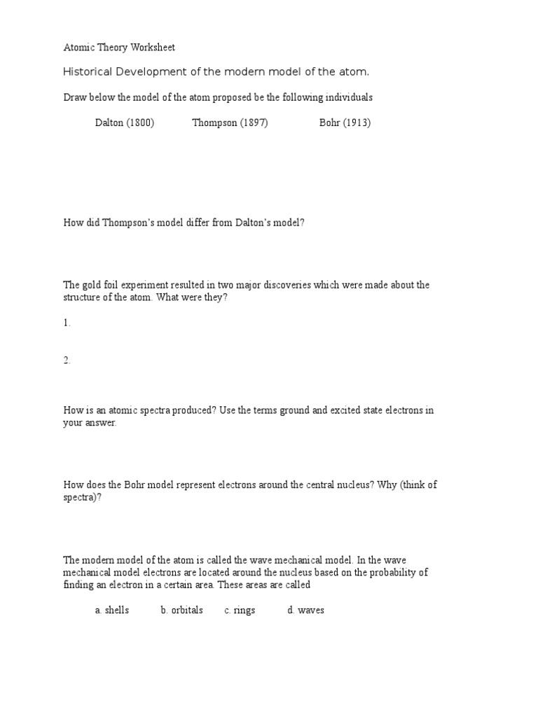 Atomic Theory Development Worksheet | PDF | Atoms | Atomic Nucleus
