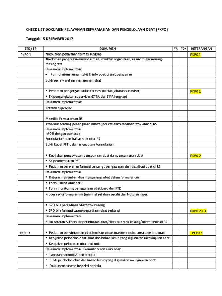 Check List Dokumen Pelayanan Kefarmasian Dan Pengelolaan Obat | PDF