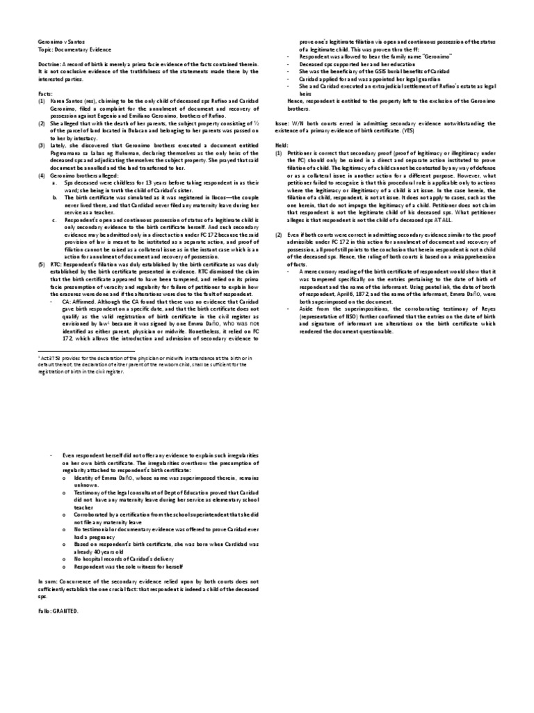 Geronimo V Santos | PDF | Birth Certificate | Legitimacy (Family Law)