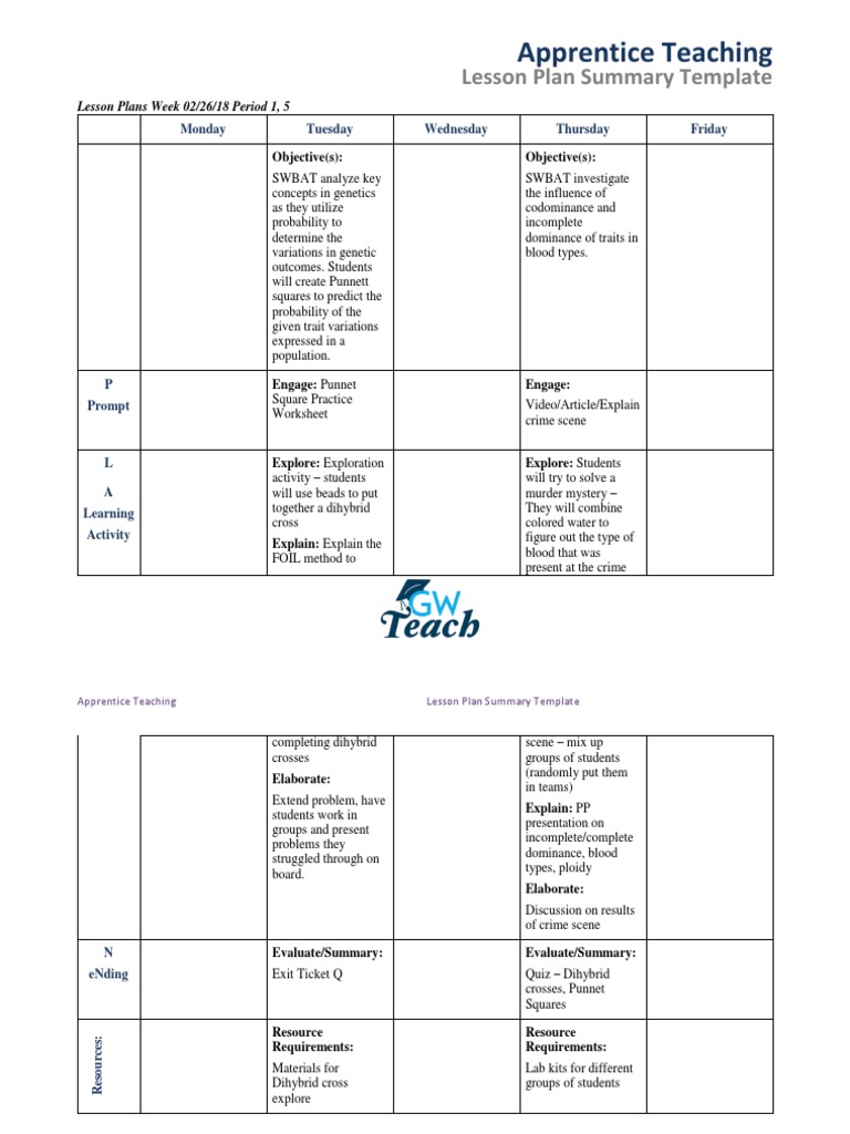 Apprentice Teaching: Lesson Plan Summary Template | PDF | Lesson Plan ...