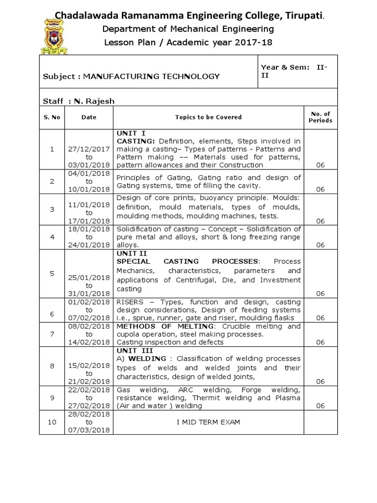 Lesson Plan - MFT | Download Free PDF | Casting (Metalworking) | Welding