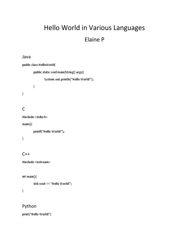 Hello World in Multiple Programming Languages | PDF | Programming ...