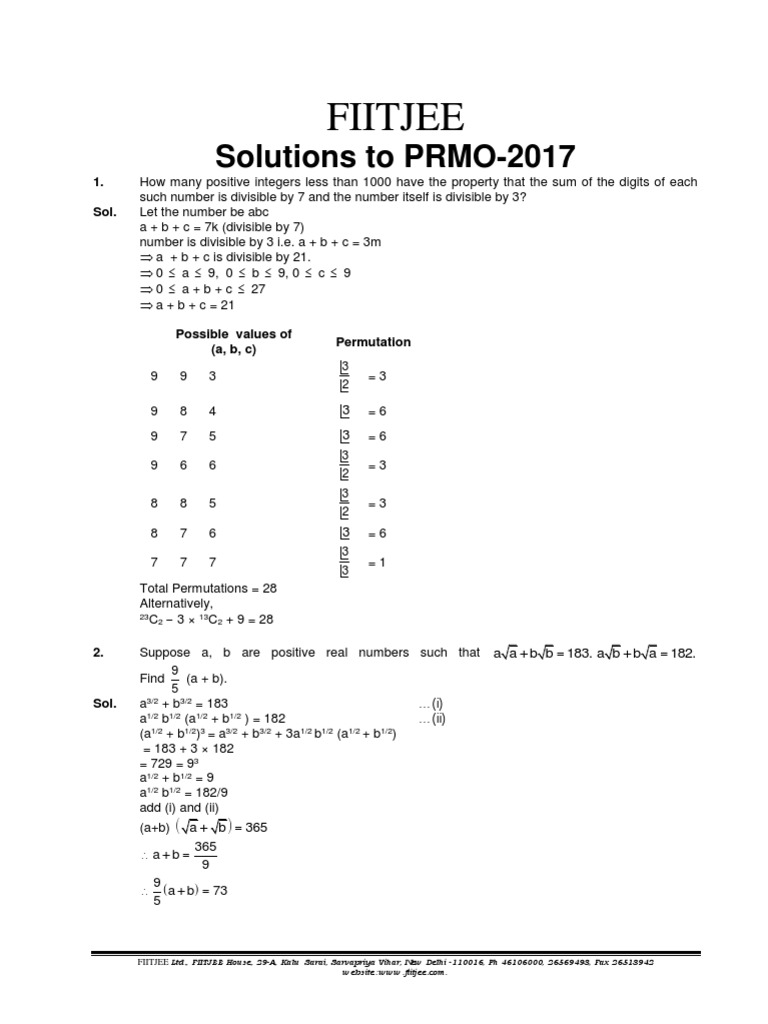 Fiitjee: Solutions To PRMO-2017 | PDF | Area | Prime Number
