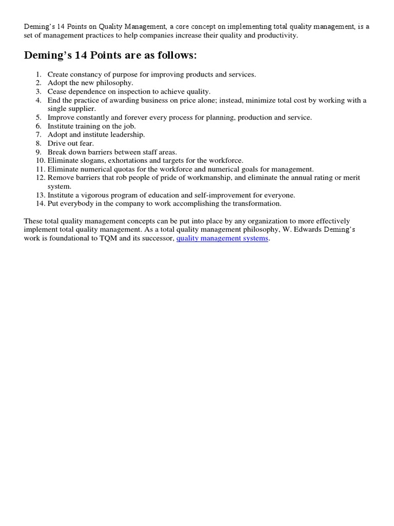 Deming's 14 Points for Quality Management and Total Quality Improvement ...
