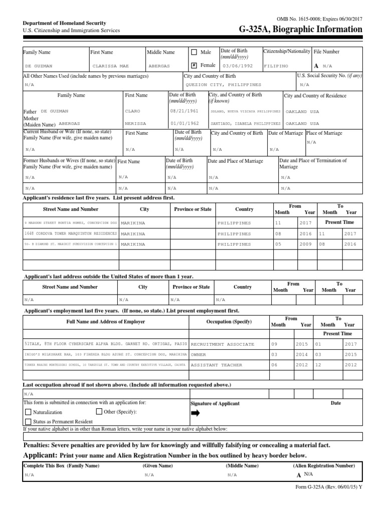 G-325A Biographic Information Form | PDF | Immigration | Government Of ...