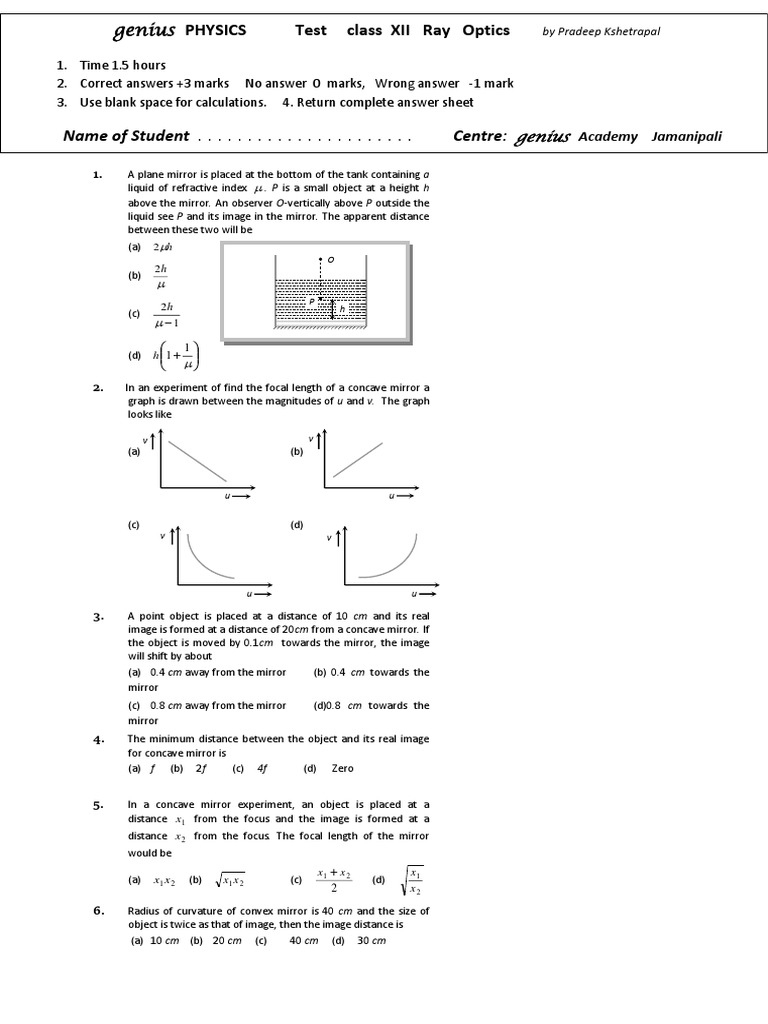 Test Ray Optics Pdf Lens Optics Natural Philosophy