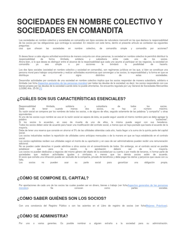 Responsabilidades y características de las sociedades en nombre colectivo y sociedades en ...