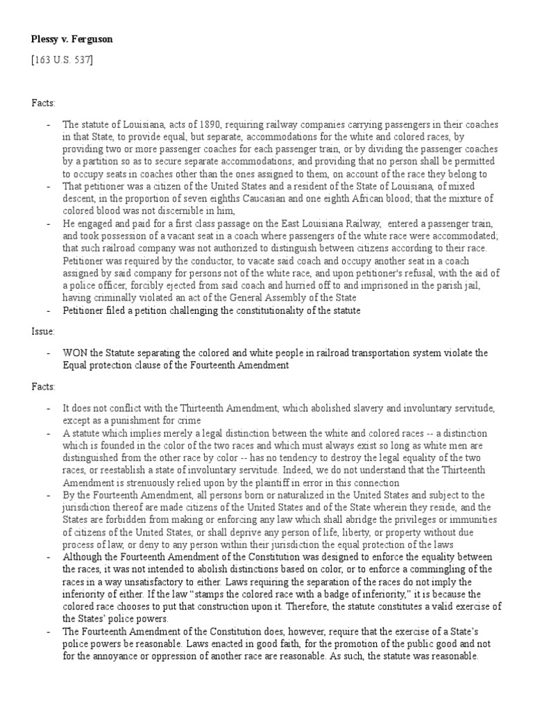 Plessy v. Ferguson: Equal Protection Case | PDF | Plessy V. Ferguson ...