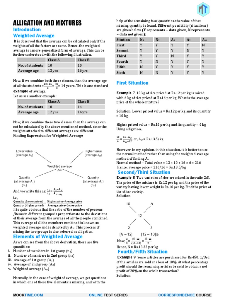 Alligation and Mixtures | PDF | Ratio | Litre