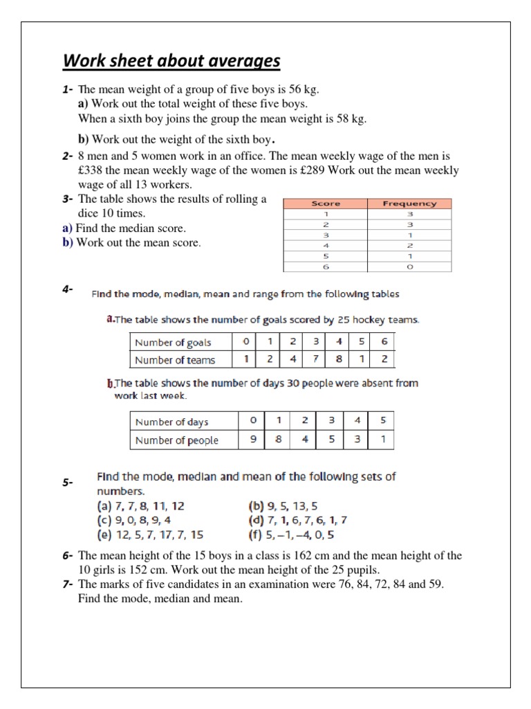 Work Sheet About Averages: A) Work Out The Total Weight of These Five ...