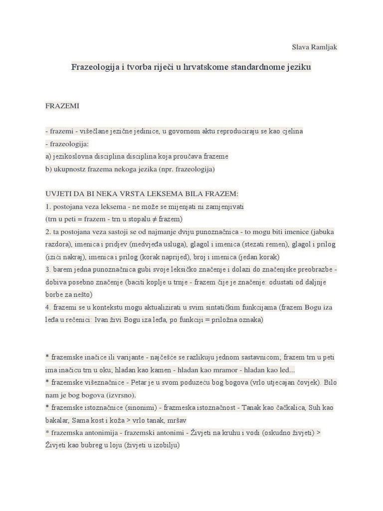 Frazemi I Tvorba Riječi - Sažetak | PDF