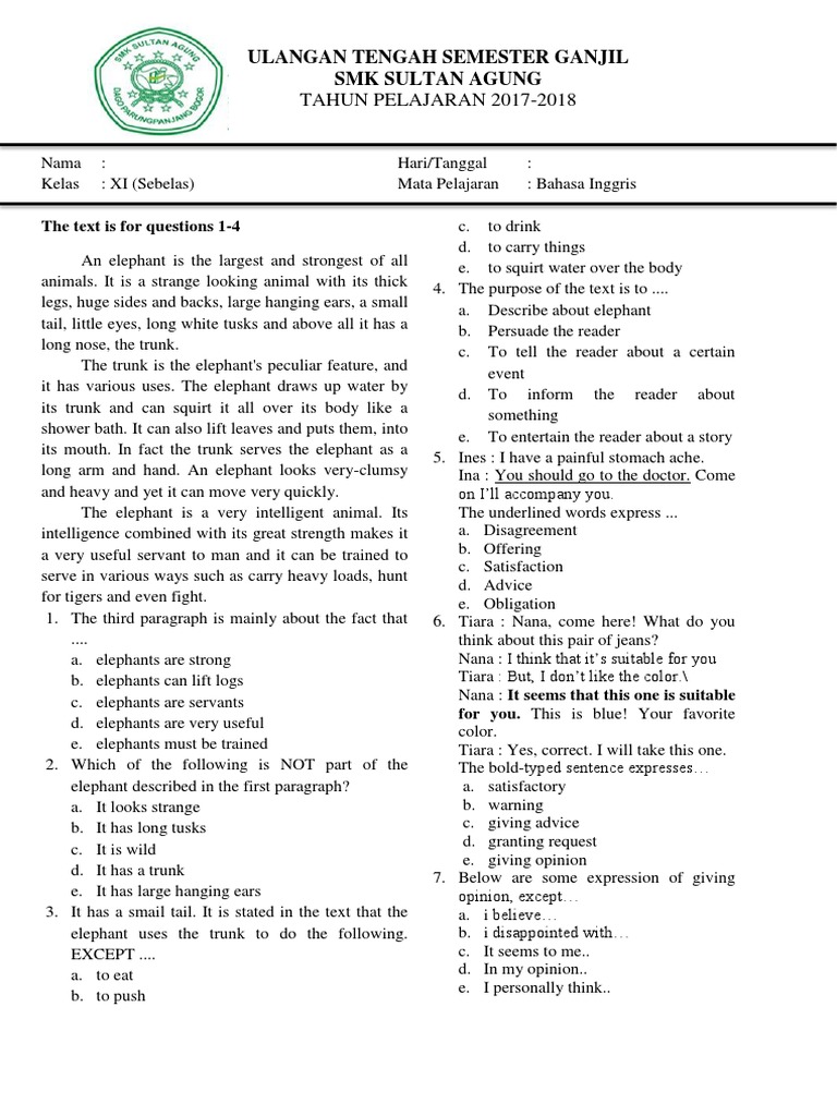 Soal Uts B. Inggris Kelas Xi 2017 | PDF | Elephant