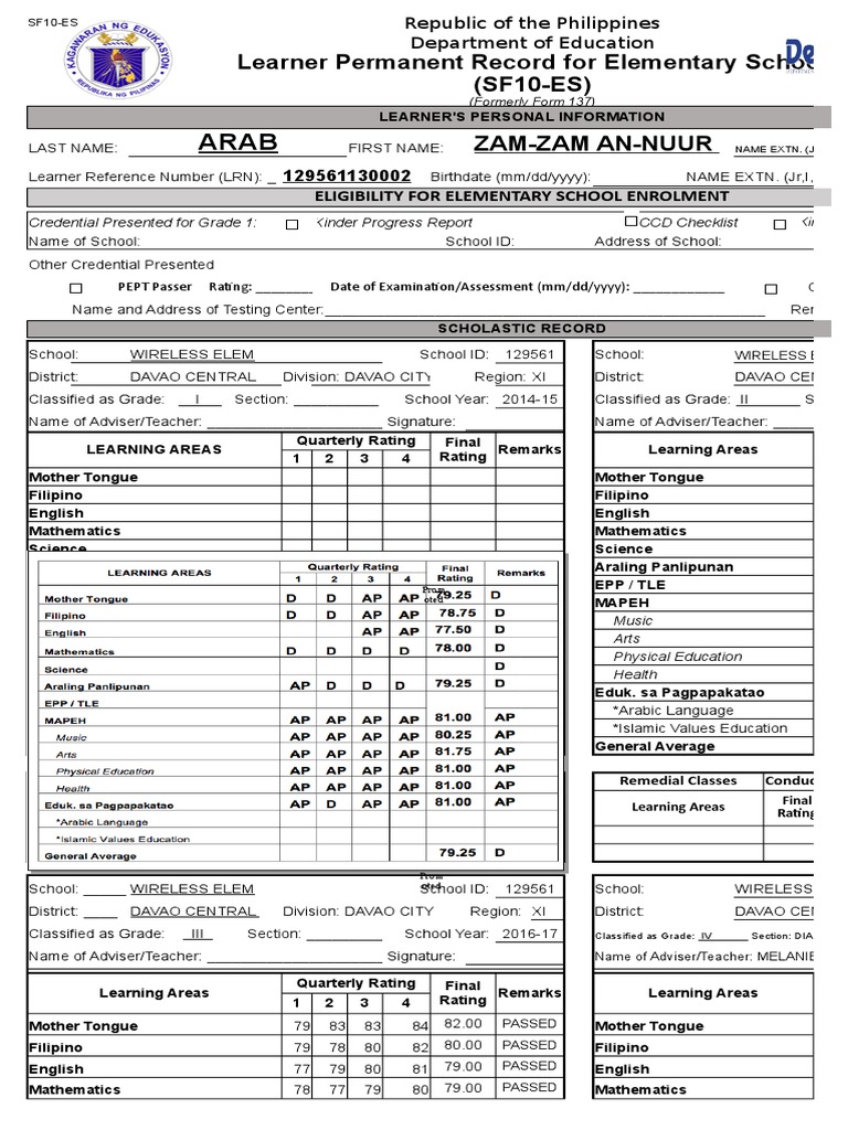 Learner Permanent Record For Elementary School (SF10-ES) | PDF | Change ...