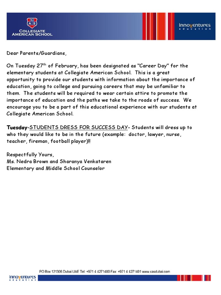 Cas Career Day Letter To Parents | PDF | Students | Cognition