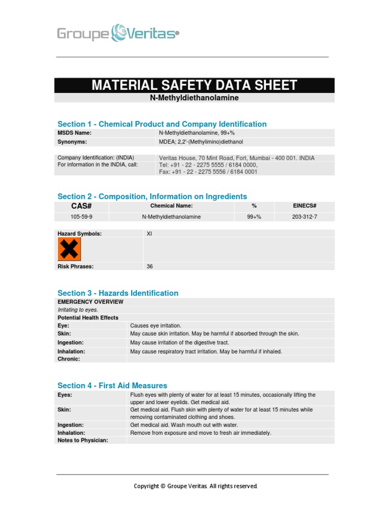 Material Safety Data Sheet: N-Methyldiethanolamine | PDF | Personal ...