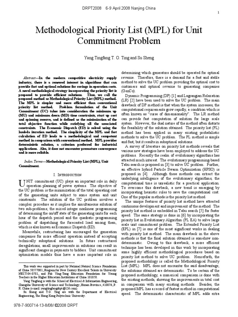 Methodological Priority List (MPL) For Unit Commitment Problem | PDF | Mathematical Optimization ...
