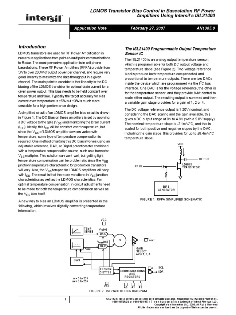 An1385 - LDMOS Transistor Bias Control Using Intersil ISL21400 | PDF | Amplifier | Field Effect ...