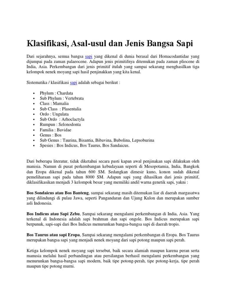 Klasifikasi, Asal-usul dan Jenis Bangsa Sapi | PDF