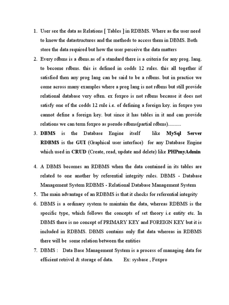 Dbmsvsrdbms Pdf Relational Database Databases