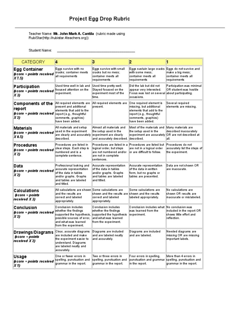 Egg Drop Project Rubric | PDF | Force | Physics