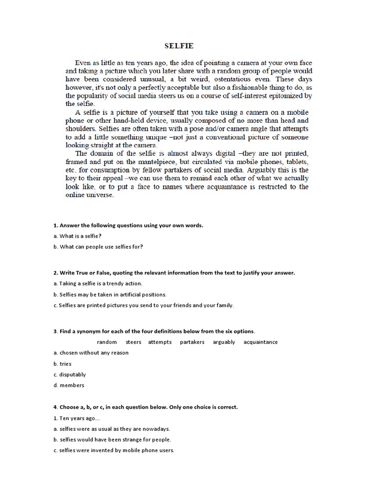 Selfies (Reading Comprehension) | PDF | Career & Growth | Social Science
