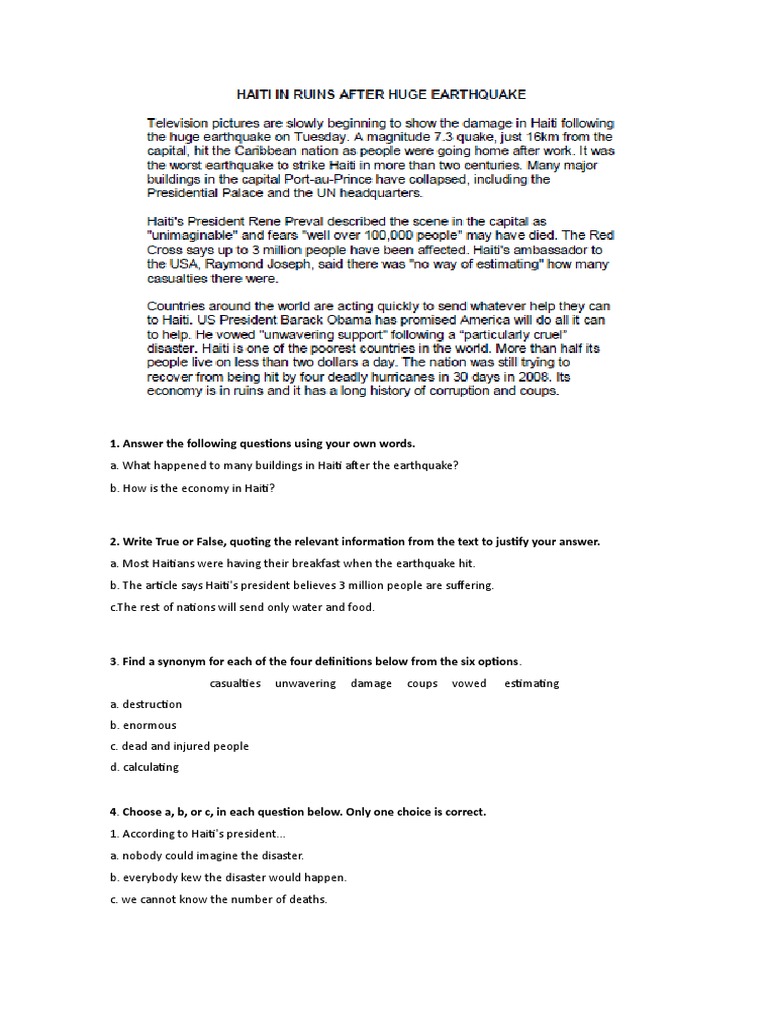 Reading Comprehension: Haiti Disaster | PDF