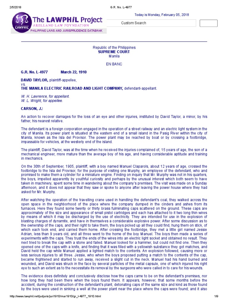 Taylor Vs Meralco | PDF | Negligence | Damages